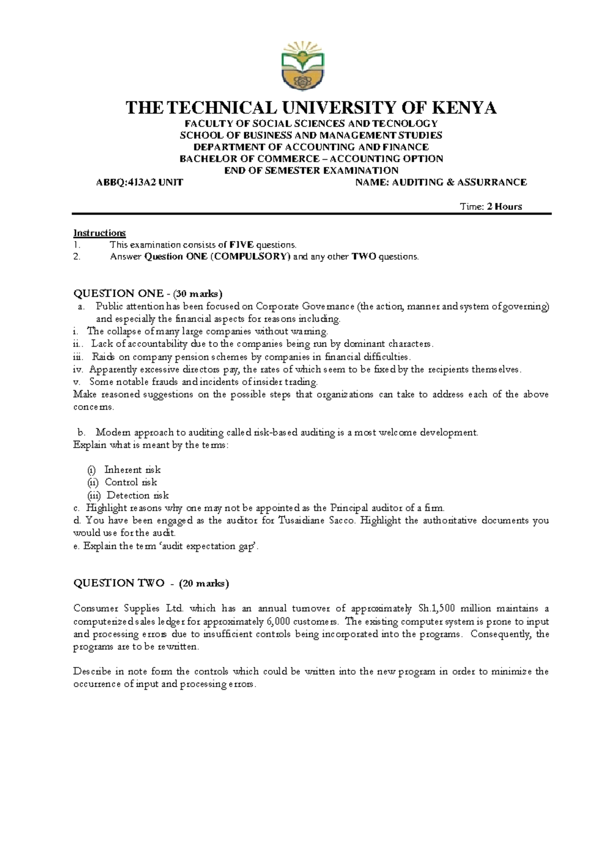 Auditing Assurance Exam Notes - ABBQ:413A2 - Brightone O. - Studocu