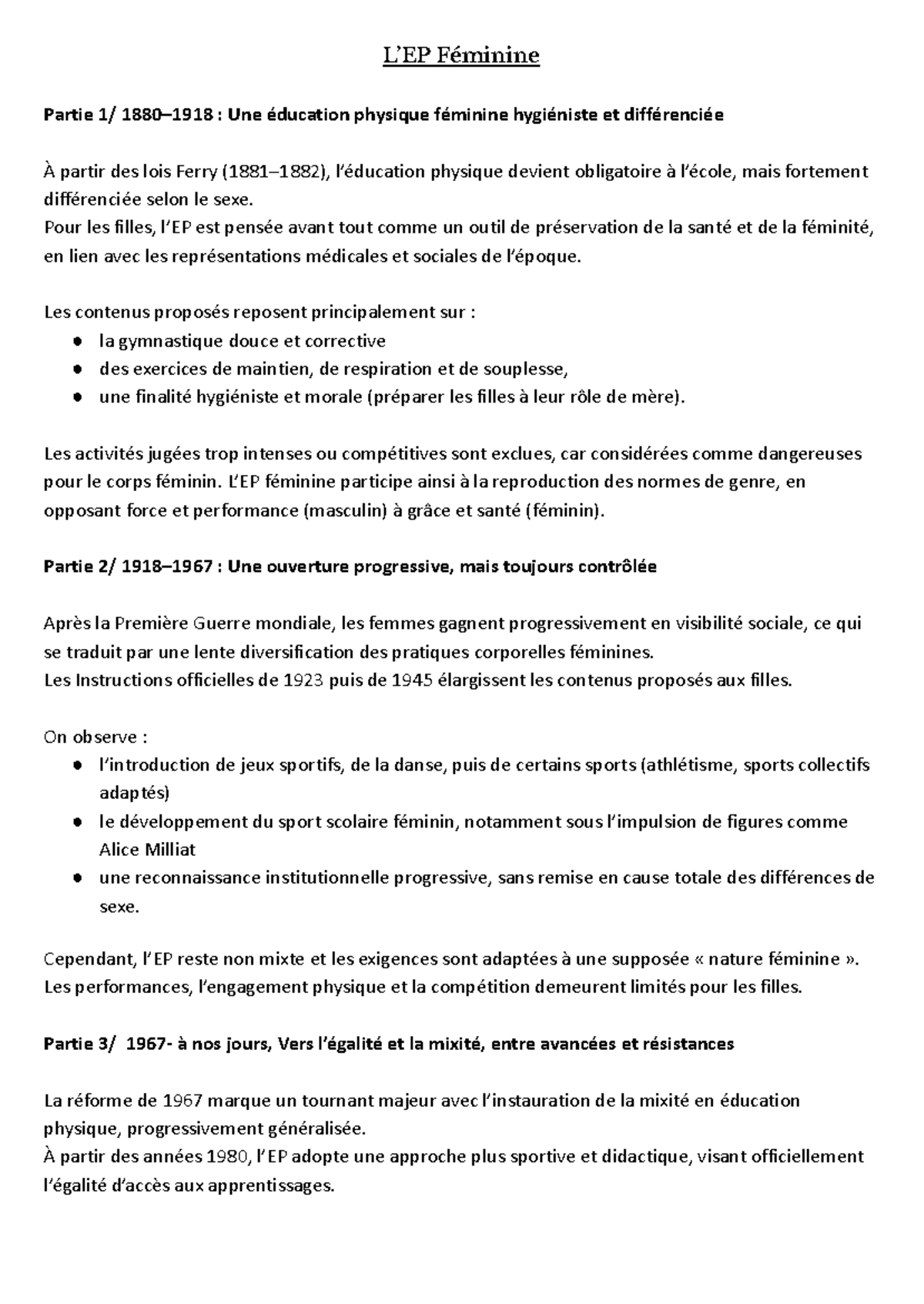 L'EP Féminine : Évolution de l'Éducation Physique selon le Genre - Studocu