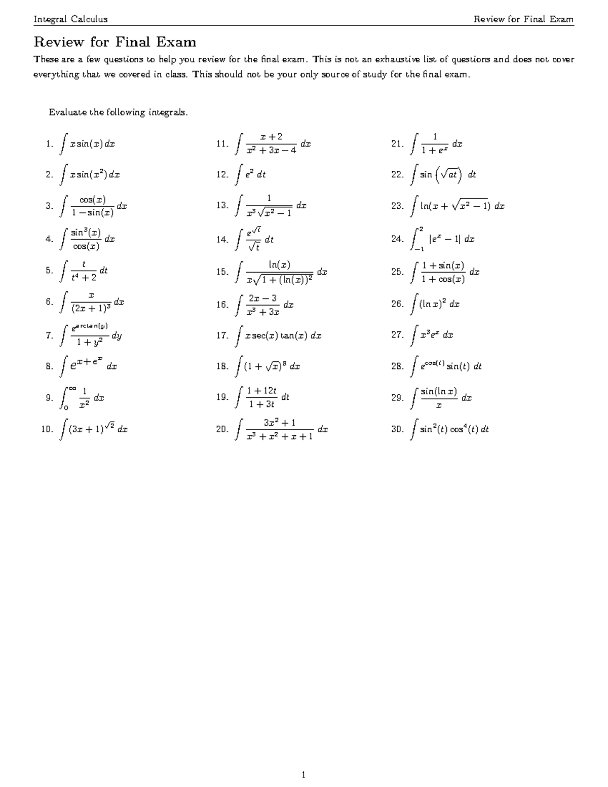 Integral Calculus Review: Final Exam Prep (MATH 201) - Studocu