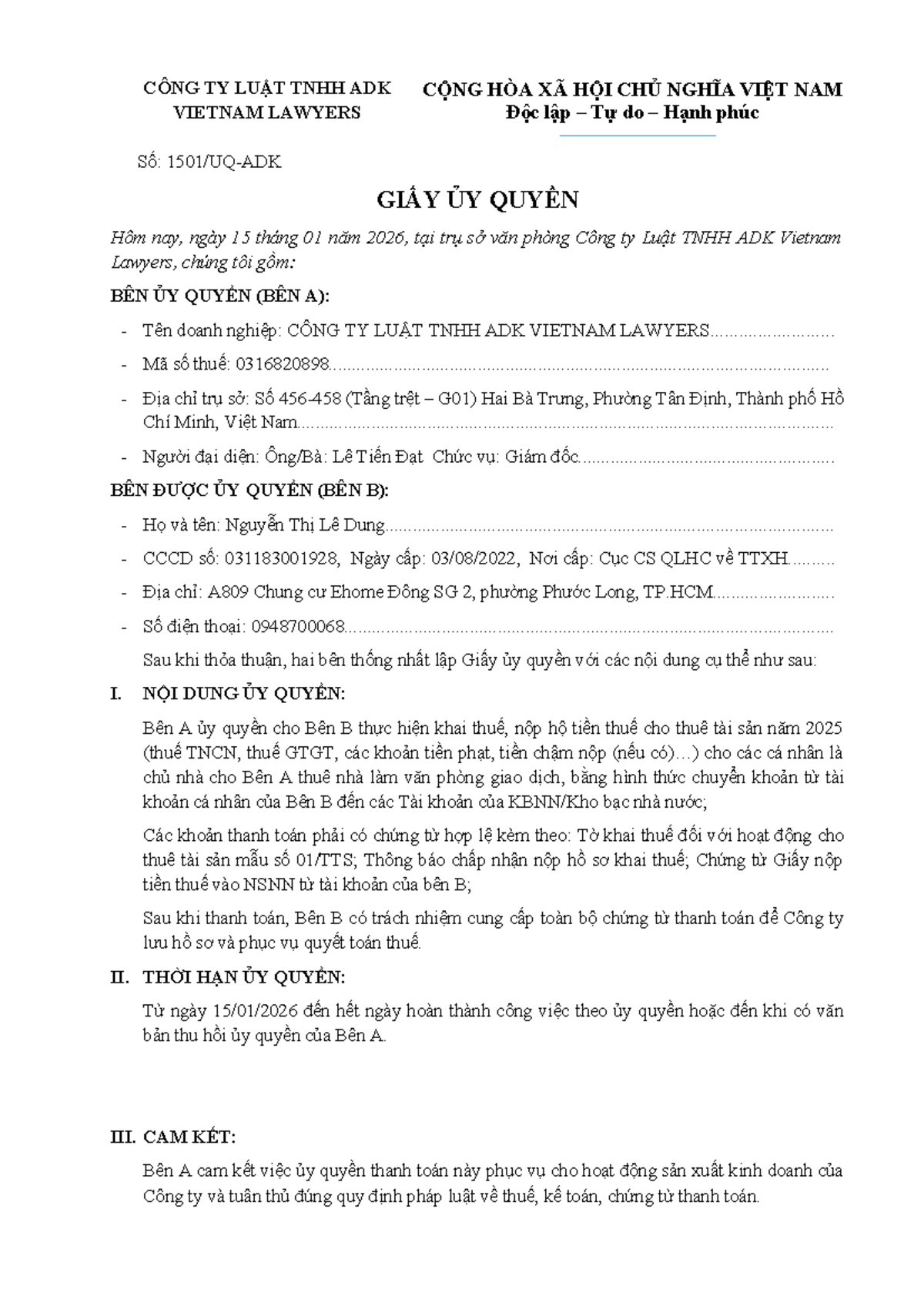 Giấy Ủy Quyền Nộp Thuế - Công Ty Luật ADK Việt Nam - Studocu