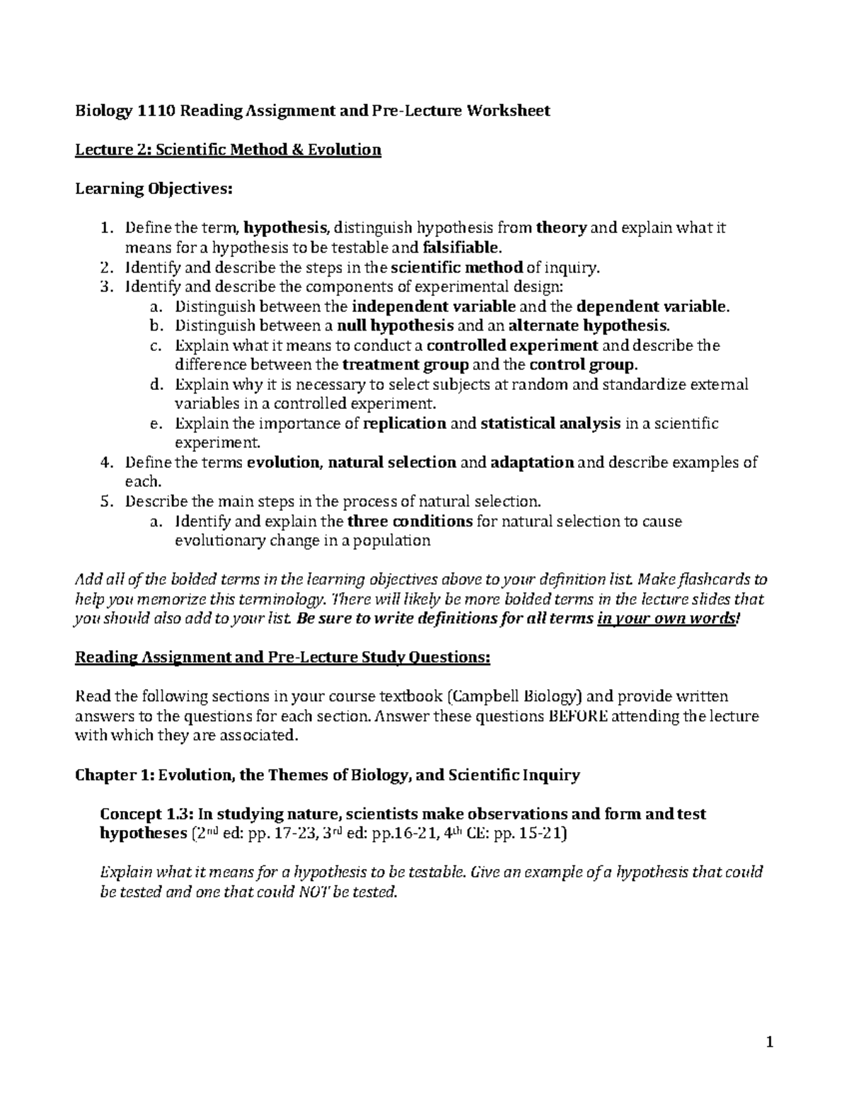 Biology 1110 Reading Assignment: Scientific Method & Evolution - Studocu