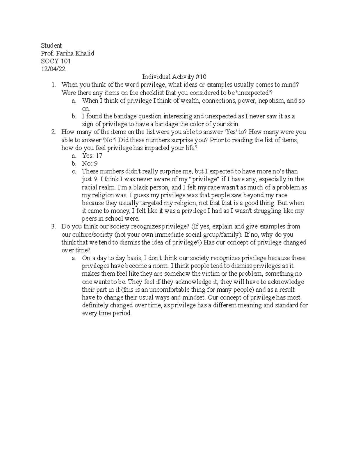 SOCY 101 Individual Activity #10 - Student Prof. Fariha Khalid SOCY 101 ...