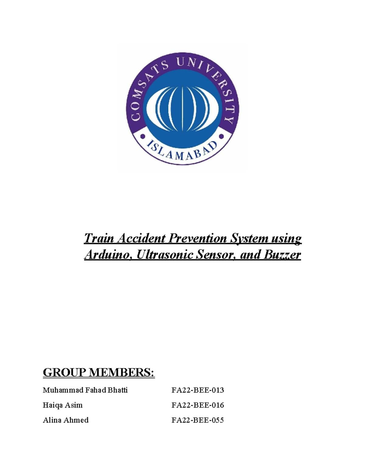 FA22-BEE Train Accident Prevention System using Arduino & Sensors - Studocu