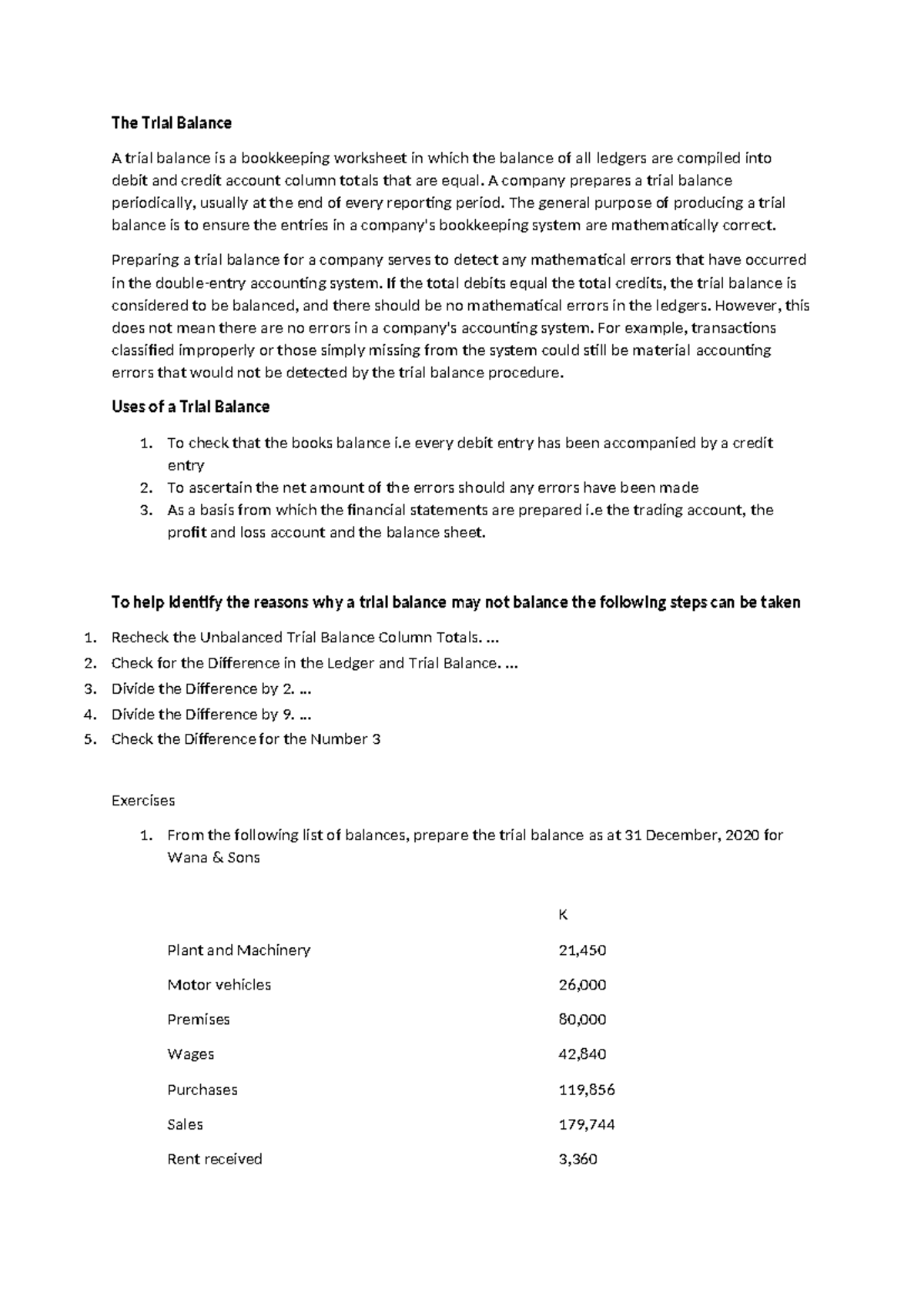 The Trial Balance - Notes on Preparation and Uses - Studocu
