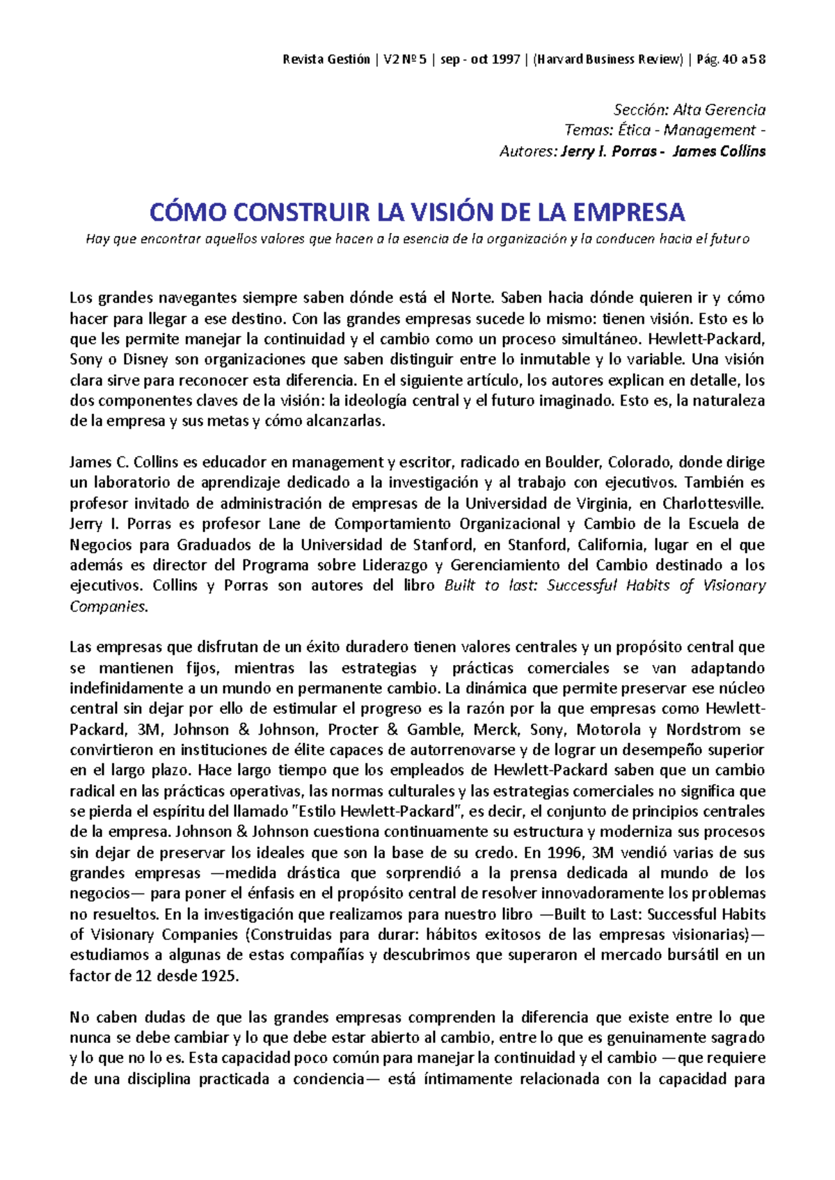 Cómo Construir la Visión Empresarial: Análisis de Porras y Collins V2 N ...