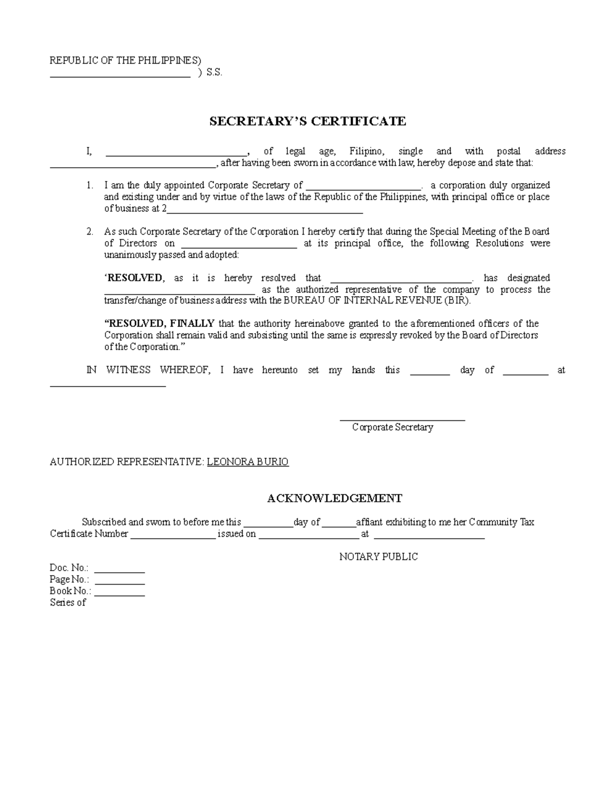 Secretary's Cert - Change of Business Address (Philippines) - Studocu