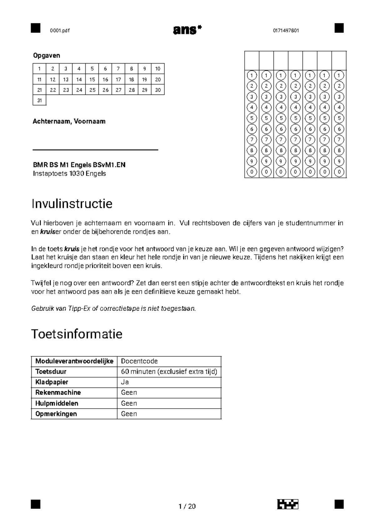 BMR BS M1 Engels Diagnostische Toets en Instaptoets 1030 - Studeersnel