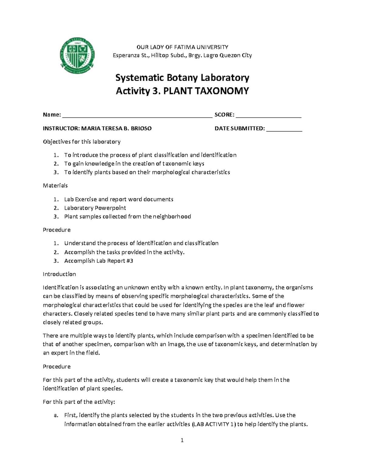 Systematic Botany Laboratory Activity 3 - 1 OUR LADY OF FATIMA ...