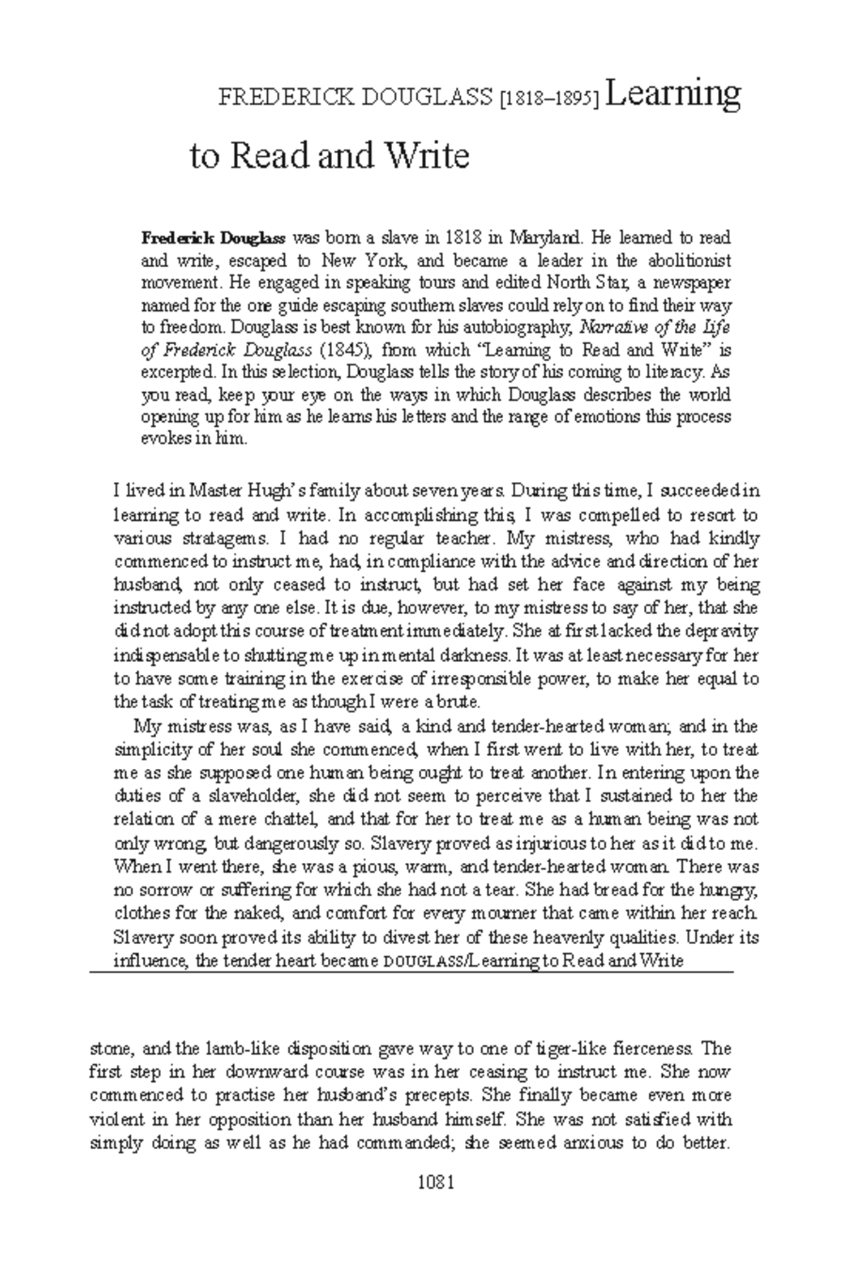 ENG 101 - Frederick Douglass: Learning to Read and Write Overview - Studocu