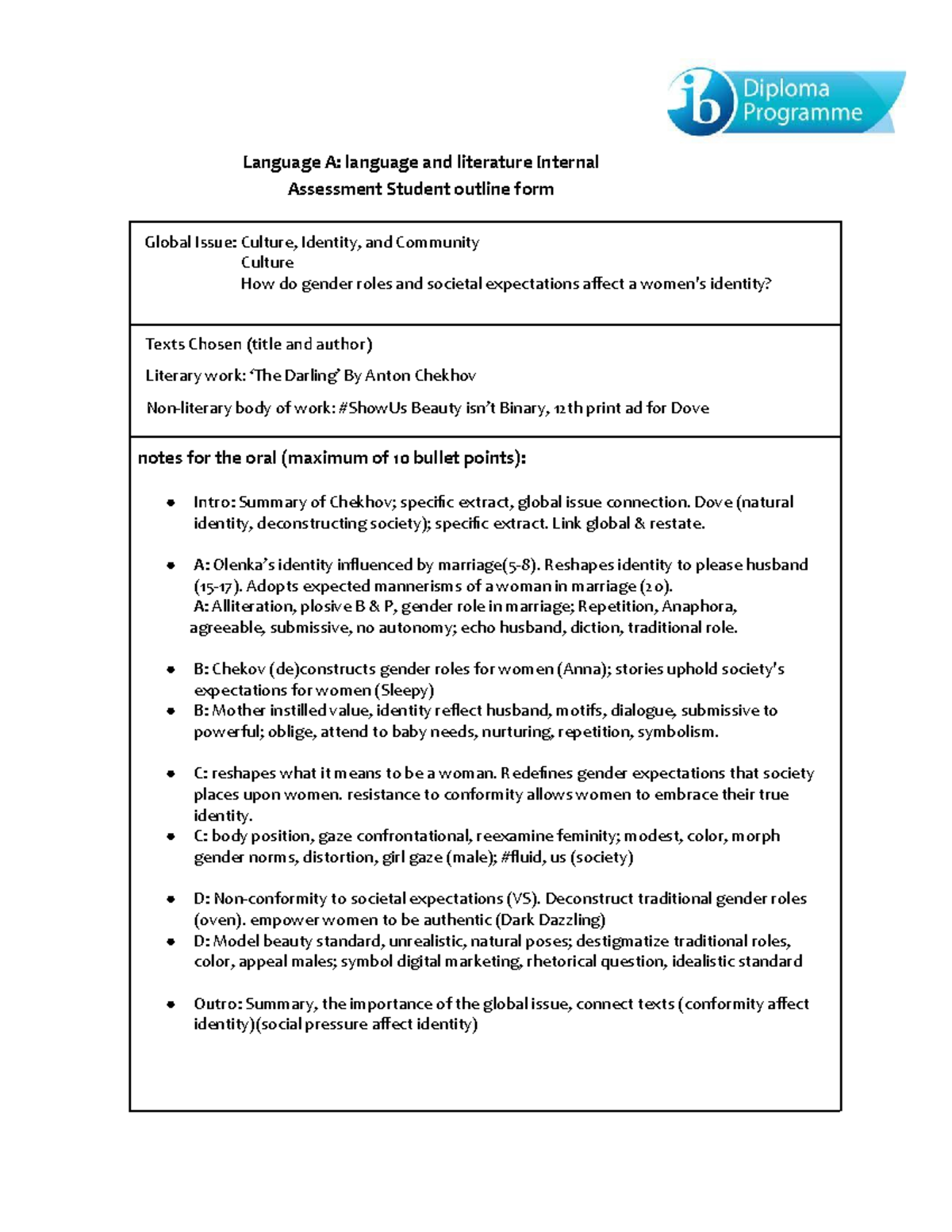 L O Outline - individual oral exemplar - Language A: language and ...