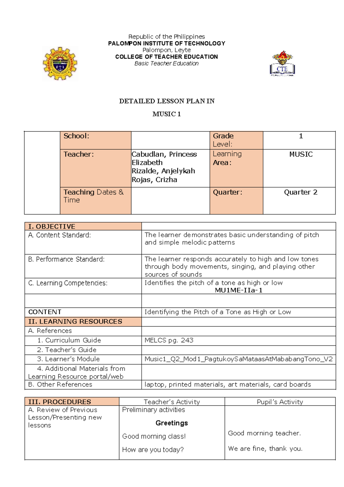 MU1ME-IIa-1 Detailed Lesson Plan: Identifying High and Low Pitch - Studocu