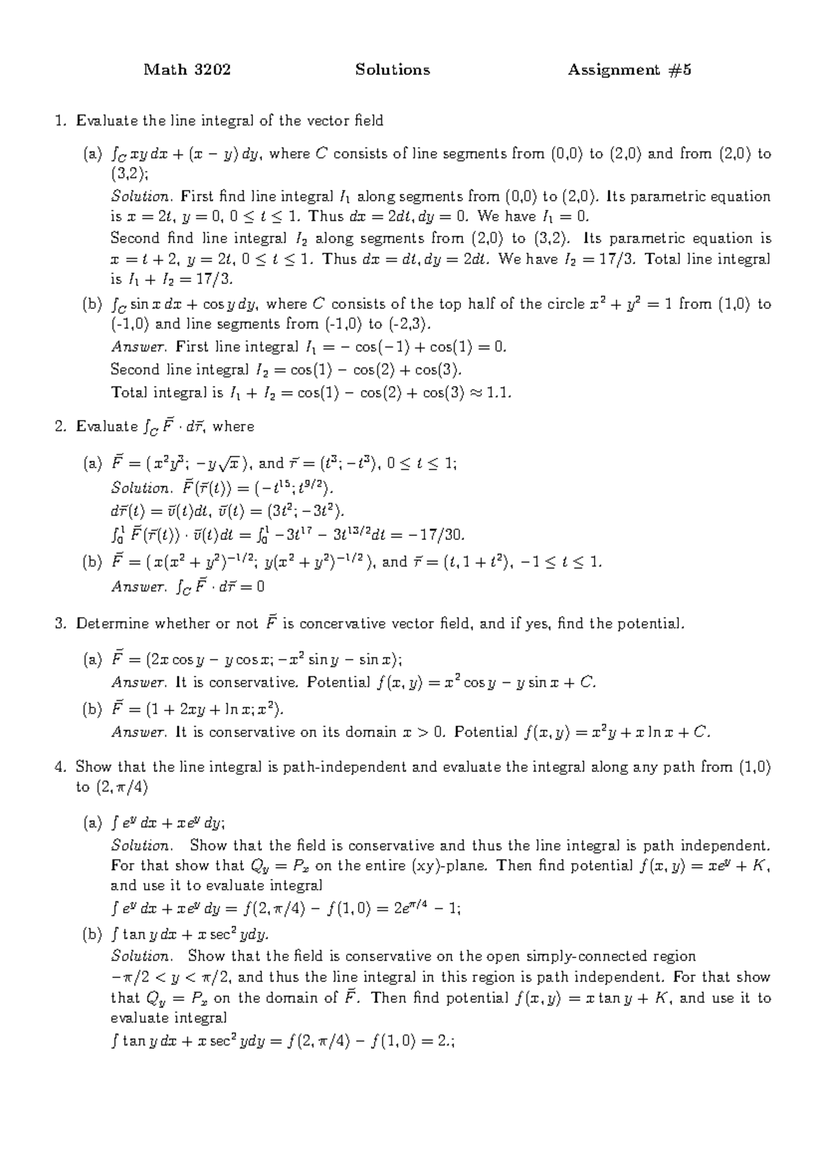 Math 3202 Final Exam Solutions: Line Integrals and Vector Fields - Studocu