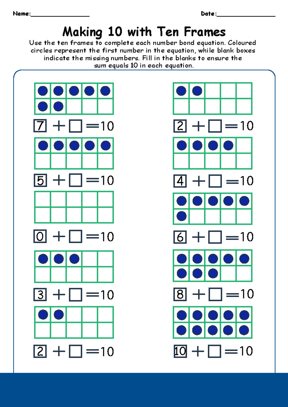 Making 10 with Ten Frames - Kindergarten Worksheet - Use the ten frames ...