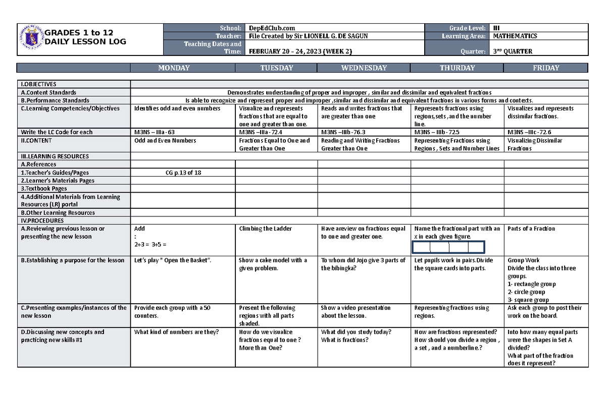 DLL Mathematics 3 Q3 W2 - Daily Lesson Log for Grade 3 Activities - Studocu