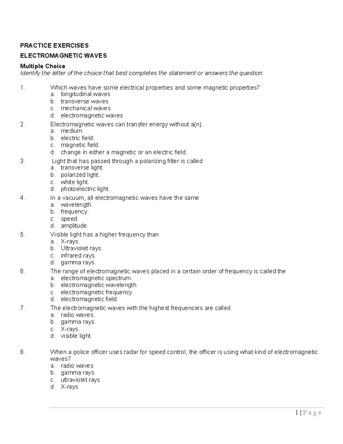 Practice Exercises: Electromagnetic Waves - Studocu