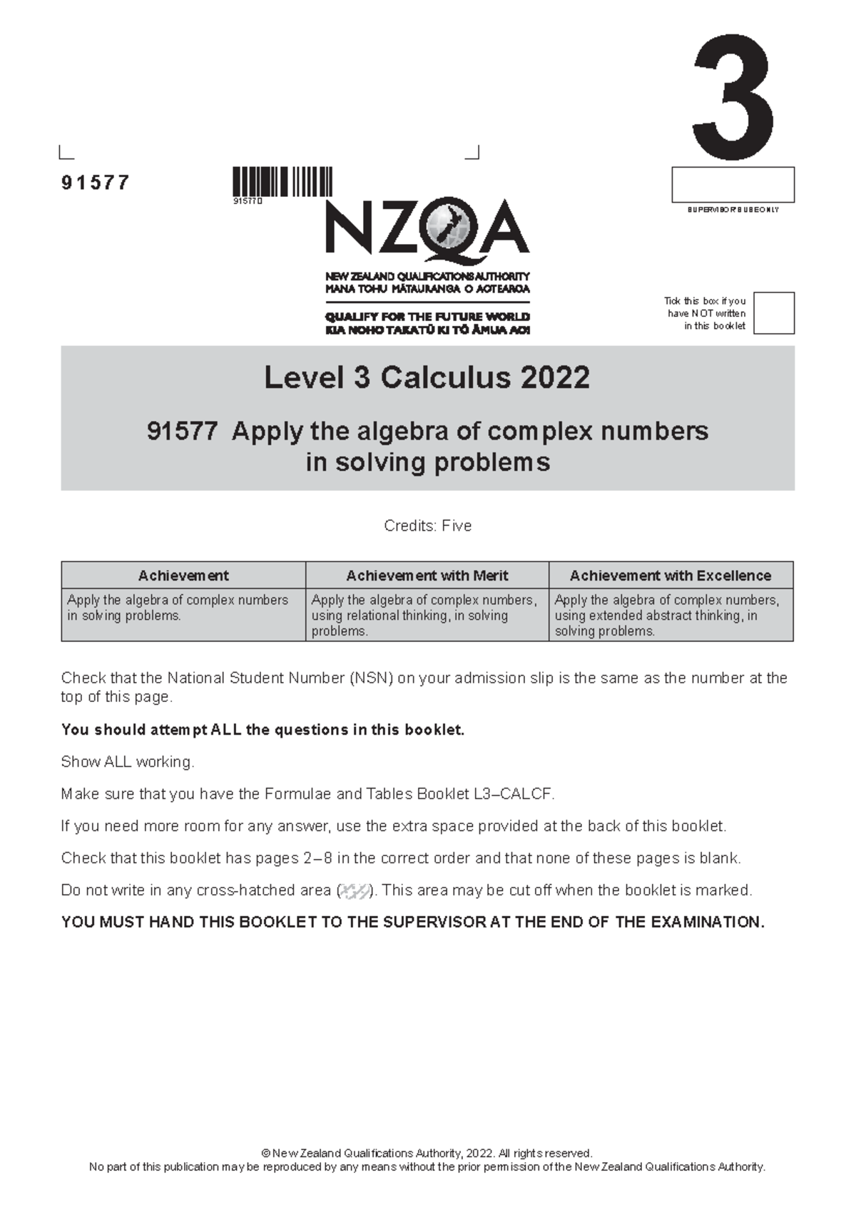 91577 - Level 3 Calculus Complex Numbers Exam 2022 - Studocu