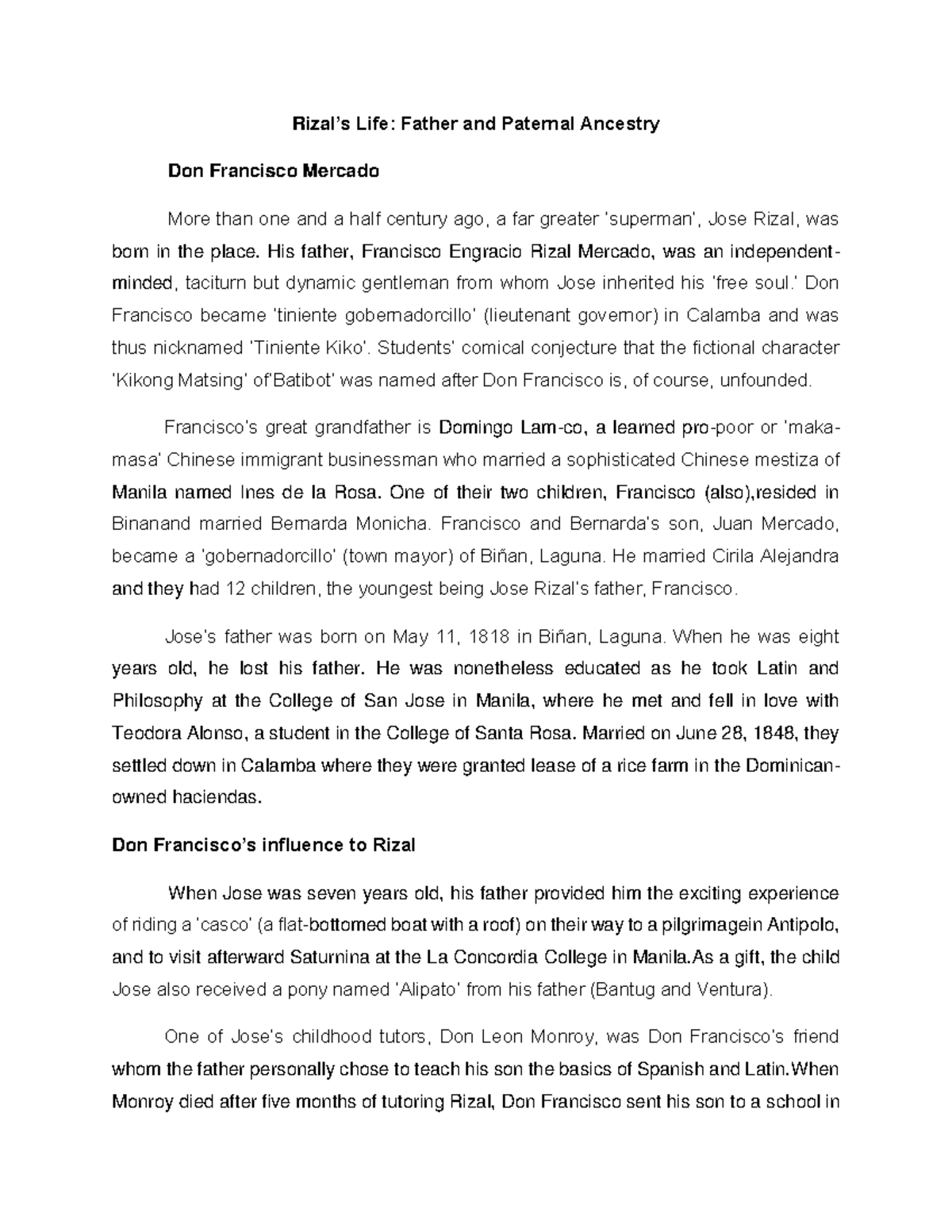 Lecture Notes 5: Jose Rizal's Father and Paternal Ancestry Insights ...