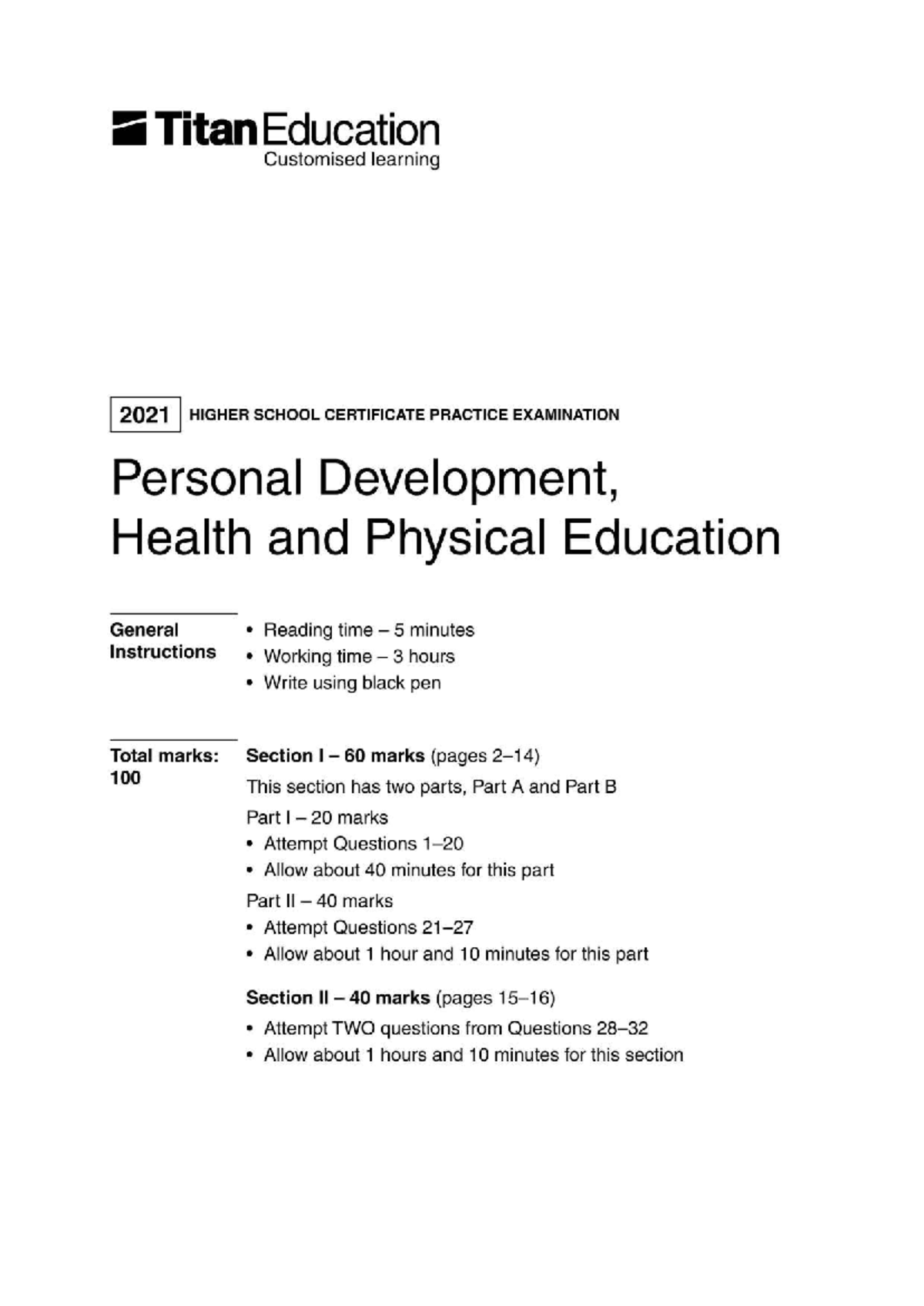 Titan Education 2021 HSC Practice Exam: Personal Development, Health ...