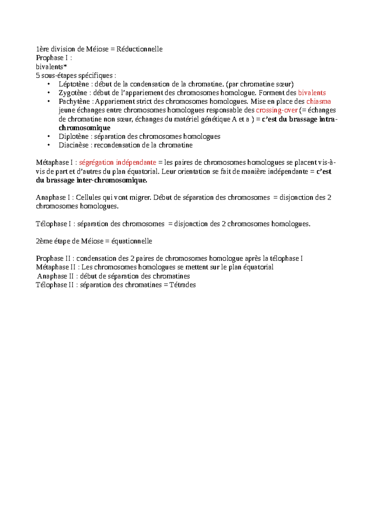 étapes de la méiose - Résumé - 1ère division de Méiose = Réductionnelle ...