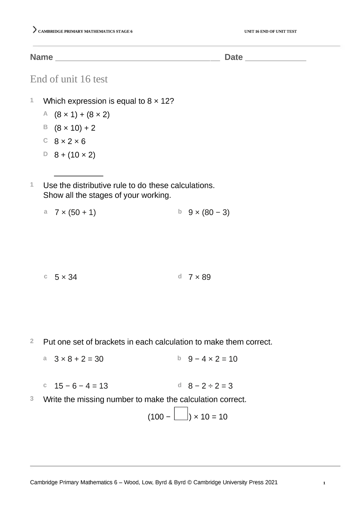 CAMBRIDGE PRIMARY MATHEMATICS STAGE 6 UNIT 16 END OF UNIT TEST - Studocu