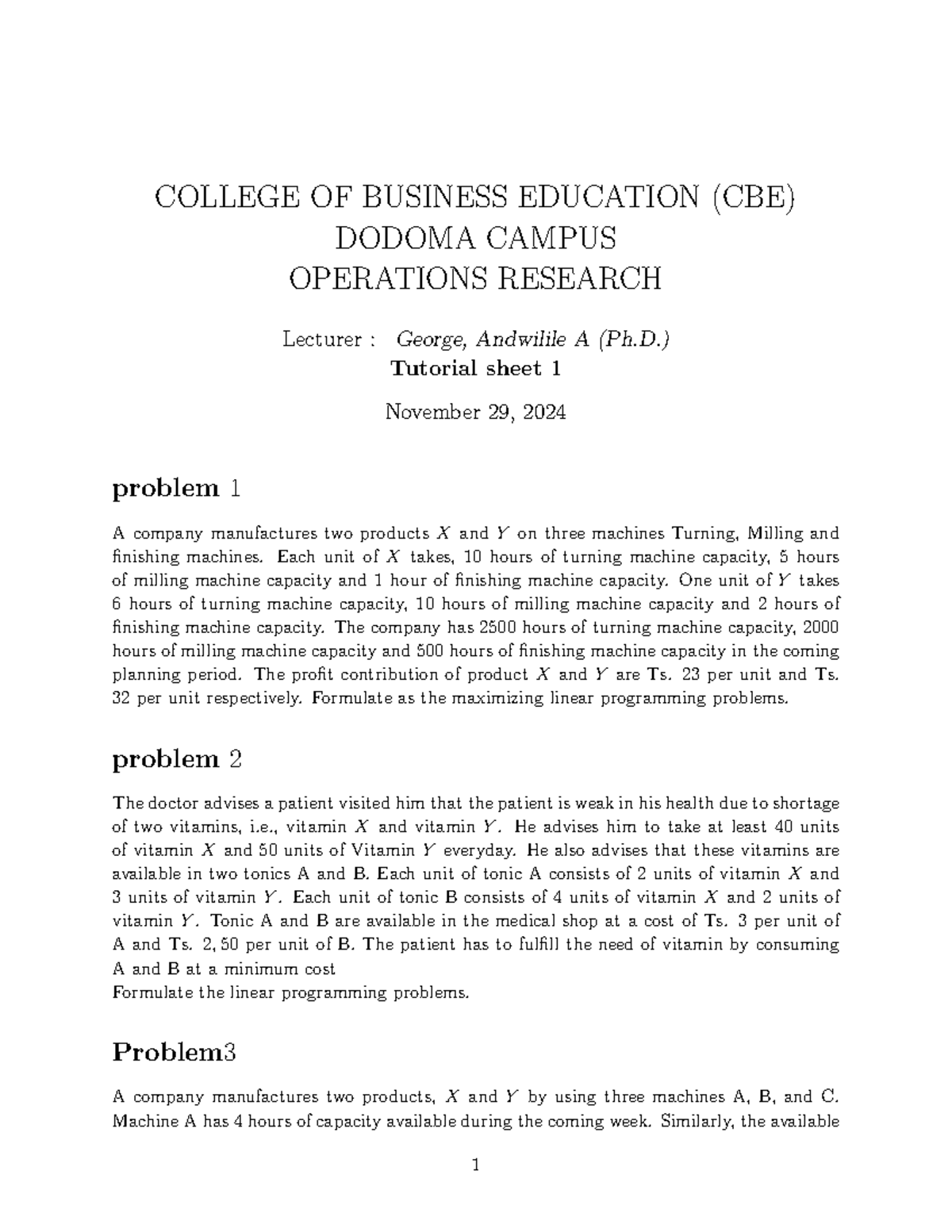 CBE 2024 Operations Research Tutorial Sheet 1: Linear Programming ...