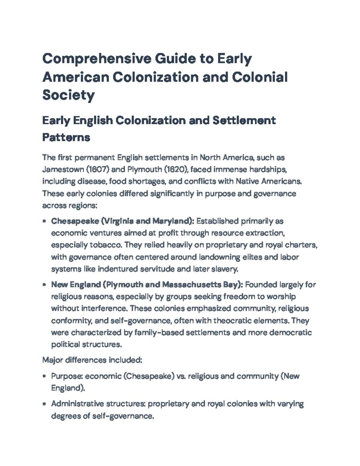Early American Colonization and Society: A Comprehensive Overview - Studocu
