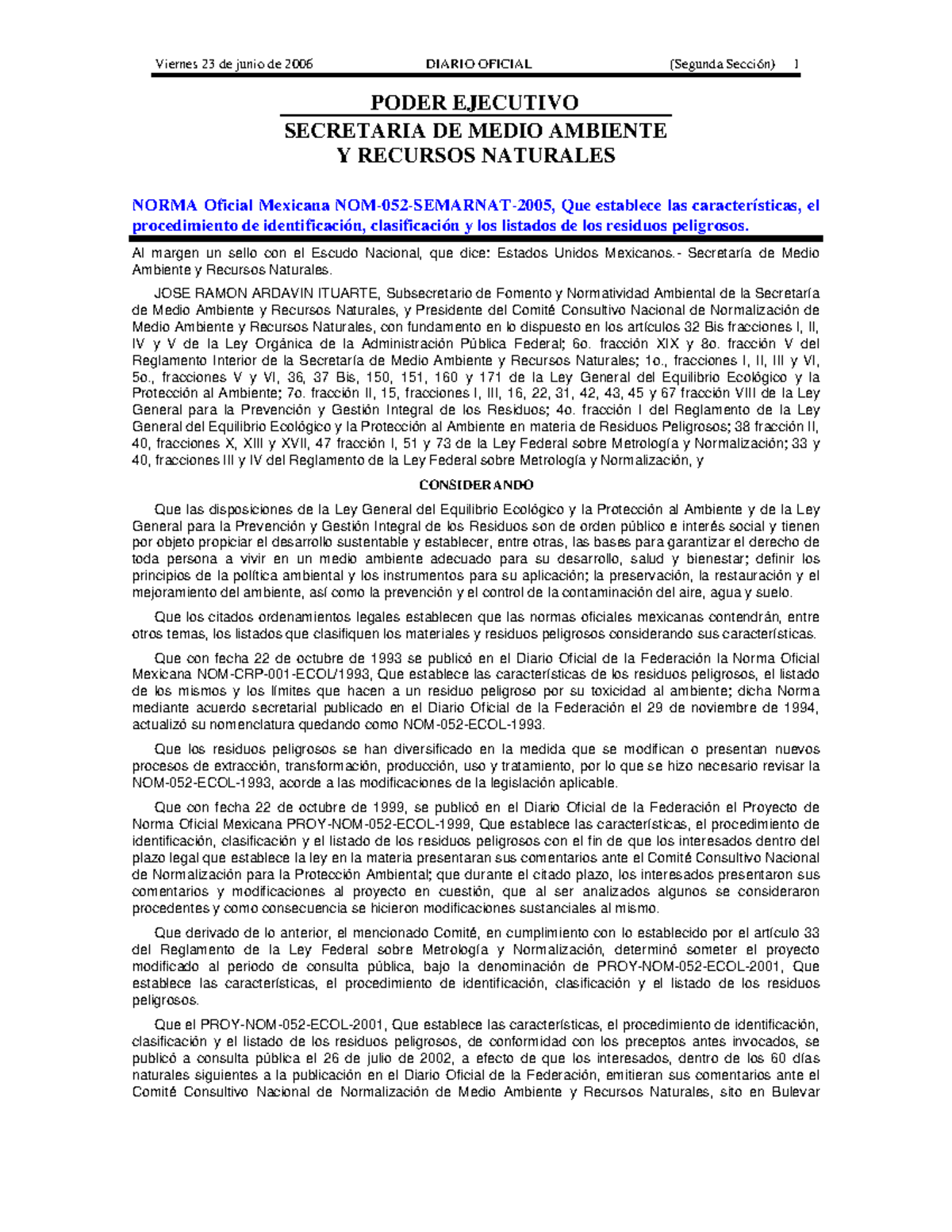 Norma Oficial Mexicana NOM-052-SEMARNAT-2005 sobre Residuos Peligrosos ...