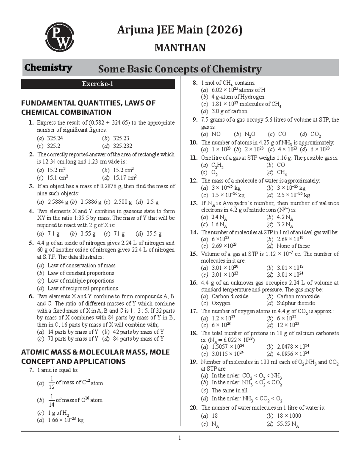 JEE Main (2026) MANTHAN Chemistry: Basic Concepts Practice Sheet - Studocu