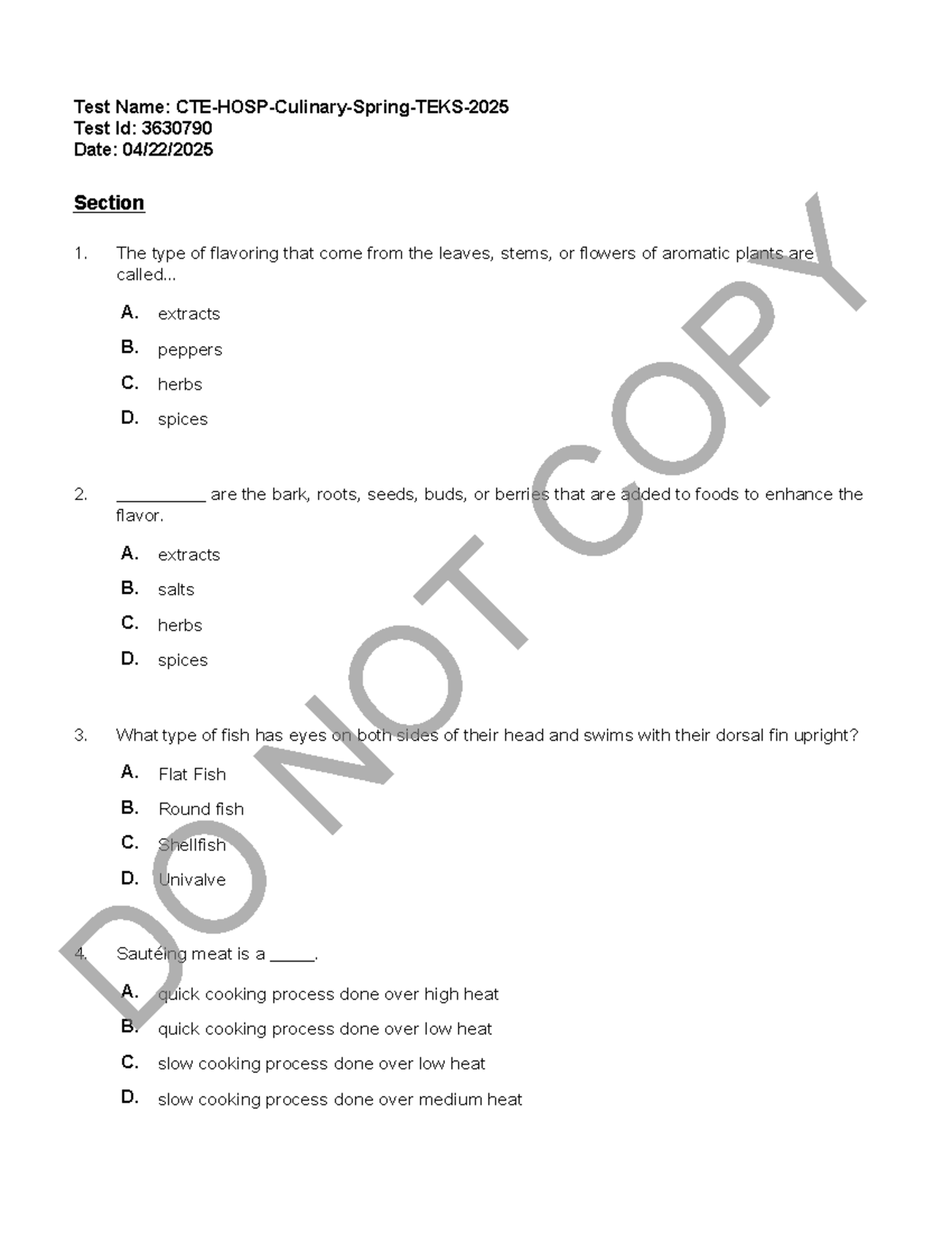 CTE-HOSP Culinary Quiz Spring TEKS 2025: Flavoring & Cooking Techniques ...