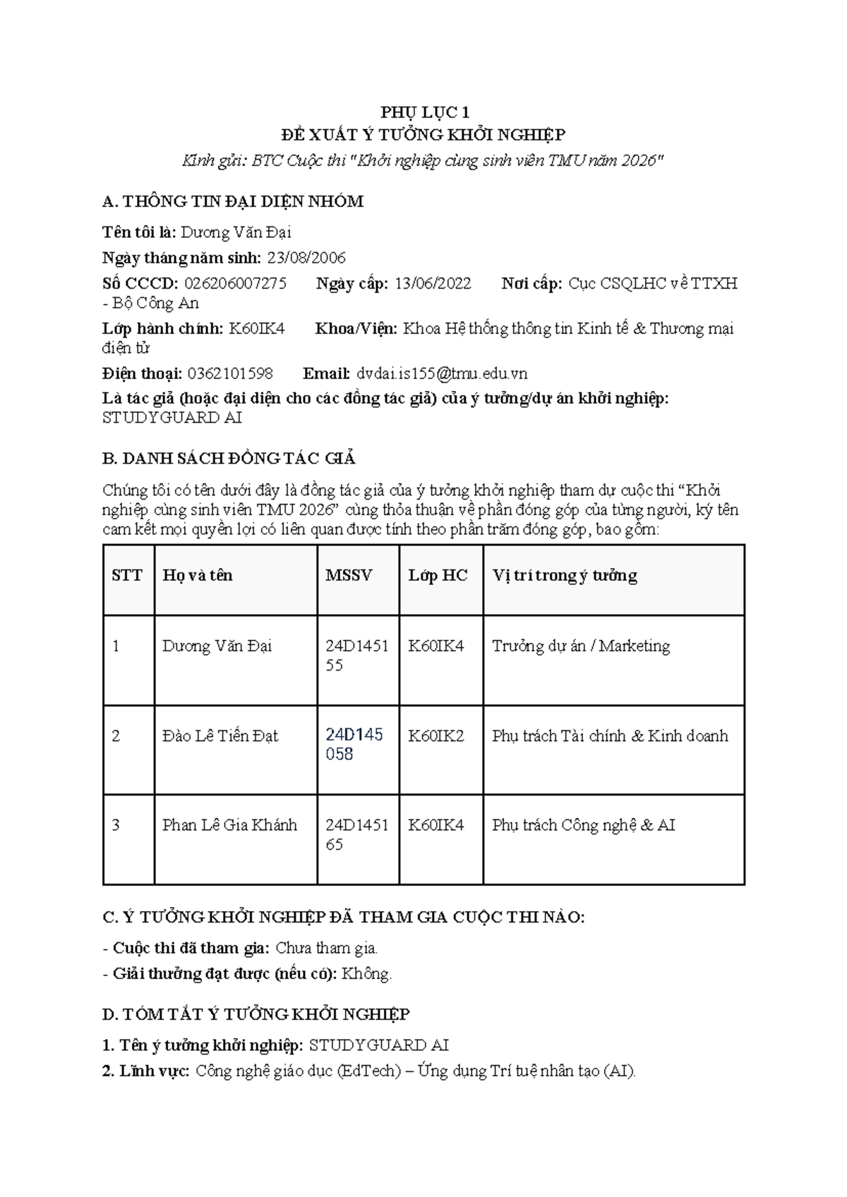 PHỤ LỤC 1: Ý TƯỞNG KHỞI NGHIỆP STUDYGUARD AI - TMU K60IK4 - Studocu