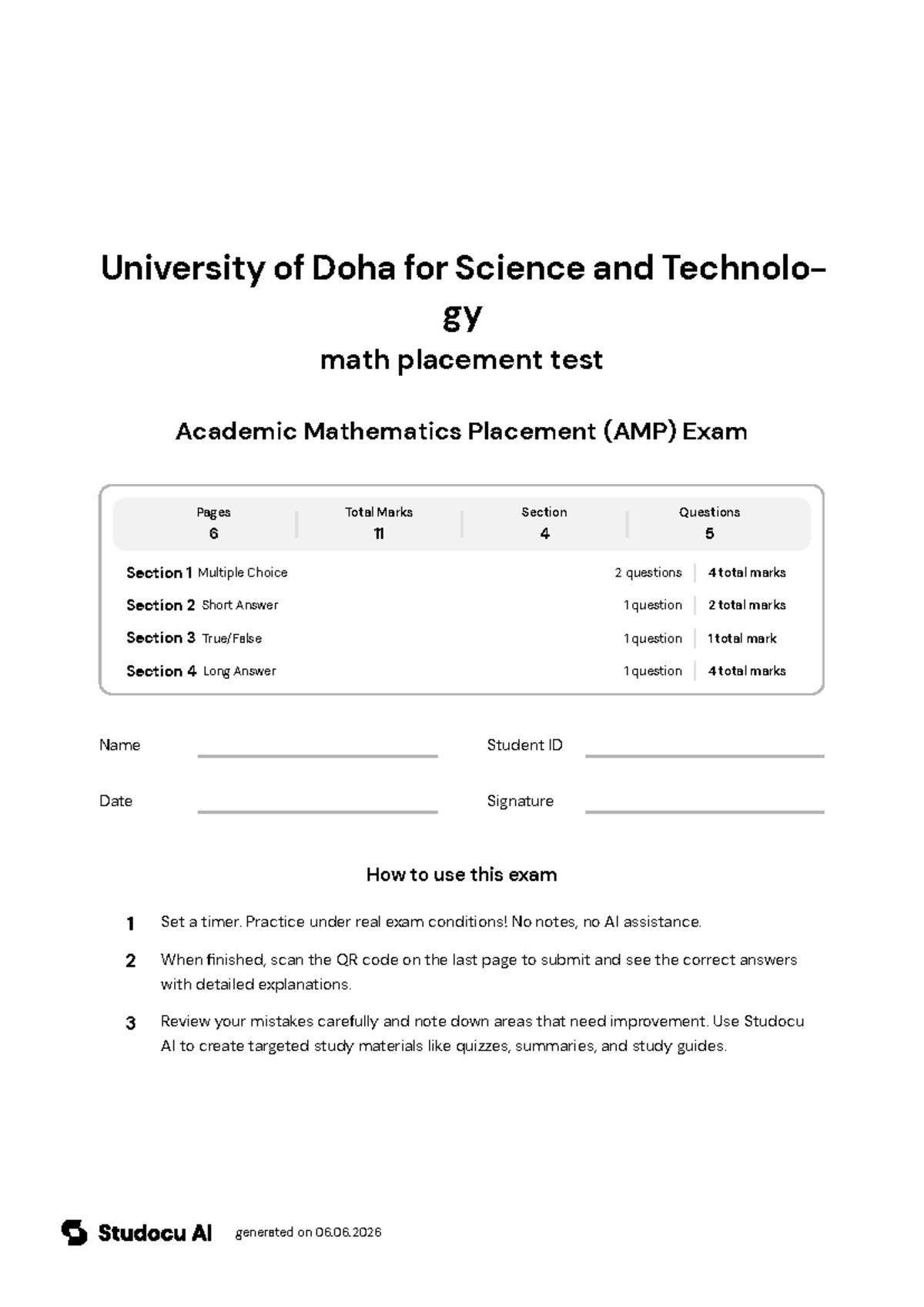 Academic Mathematics Placement Exam Instructions - Studocu