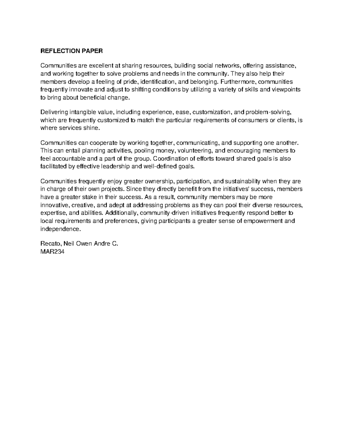 REFLECTION PAPER: The Role of Communities in Resource Sharing (MAR234 ...