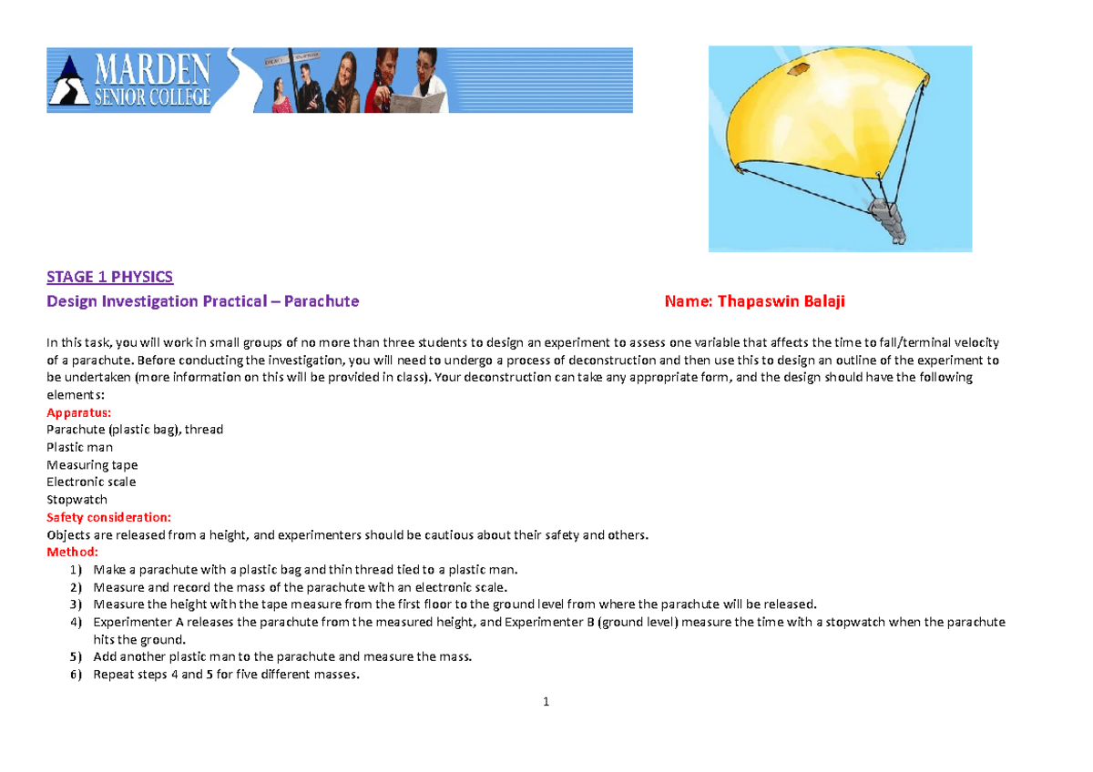 Parachute Design Practical 2023 - STAGE 1 PHYSICS Design Investigation ...