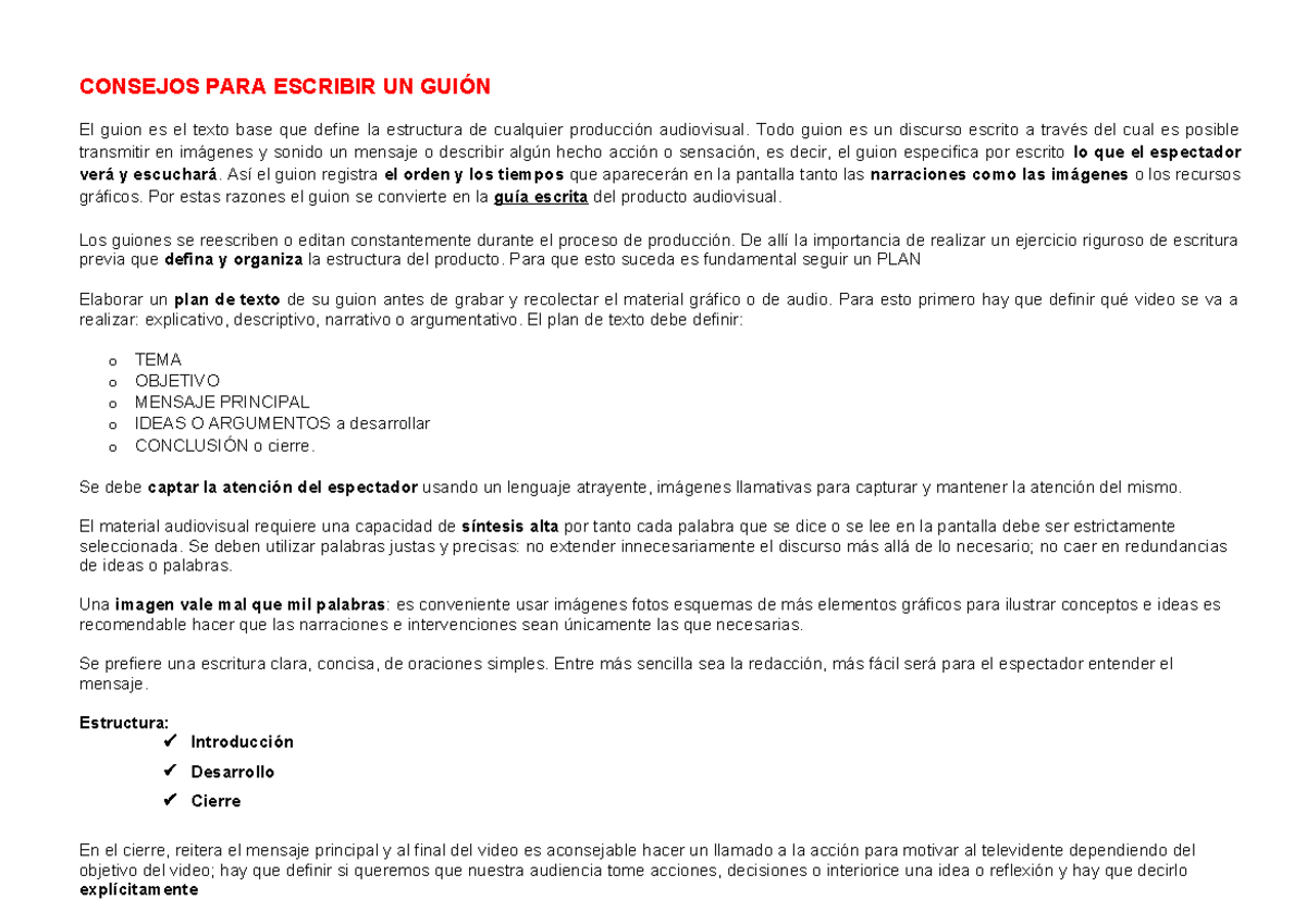 Cómo Escribir un Guion para Video: Técnicas y Estructura - Studocu