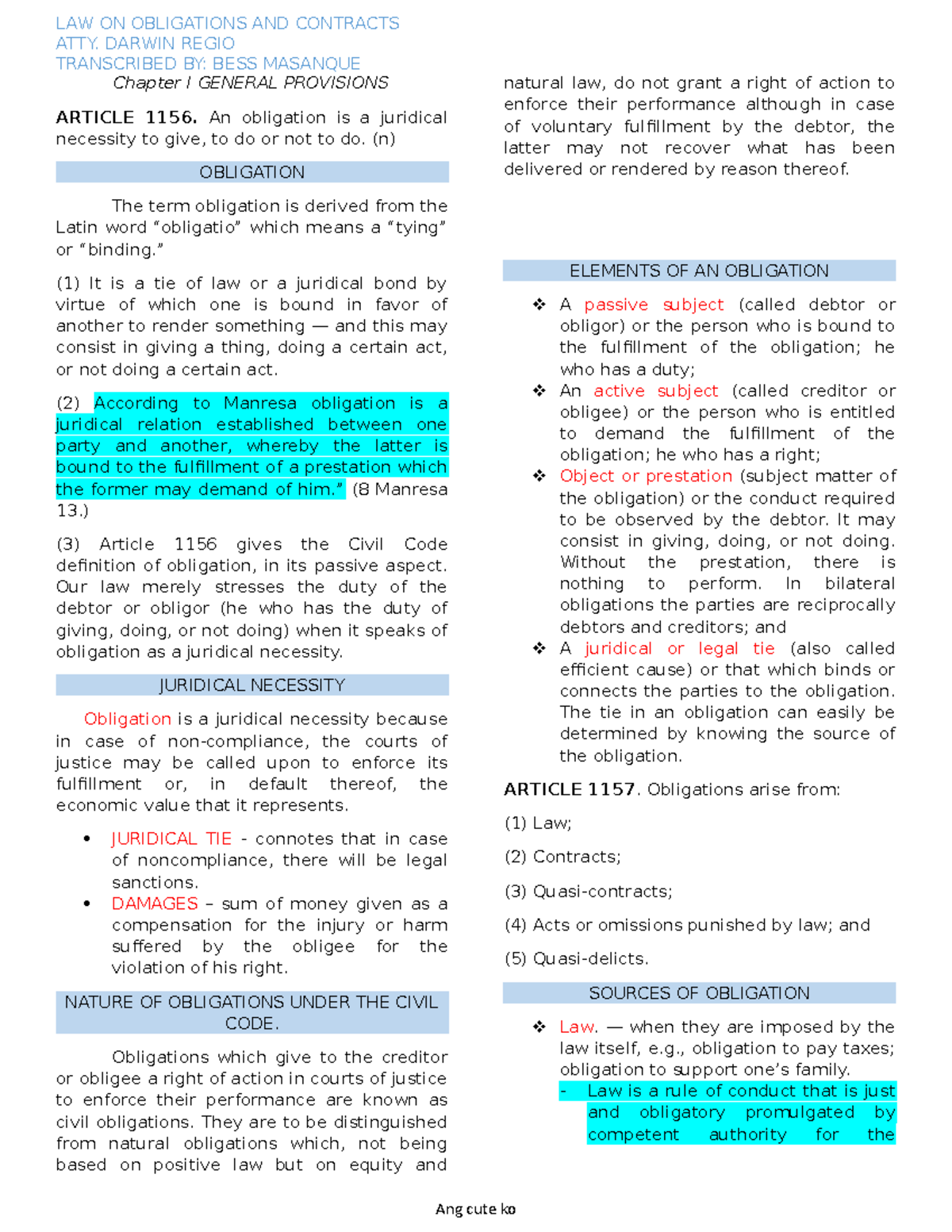 Article 1156 & 1200 Civil Obligations Reviewer - Studocu