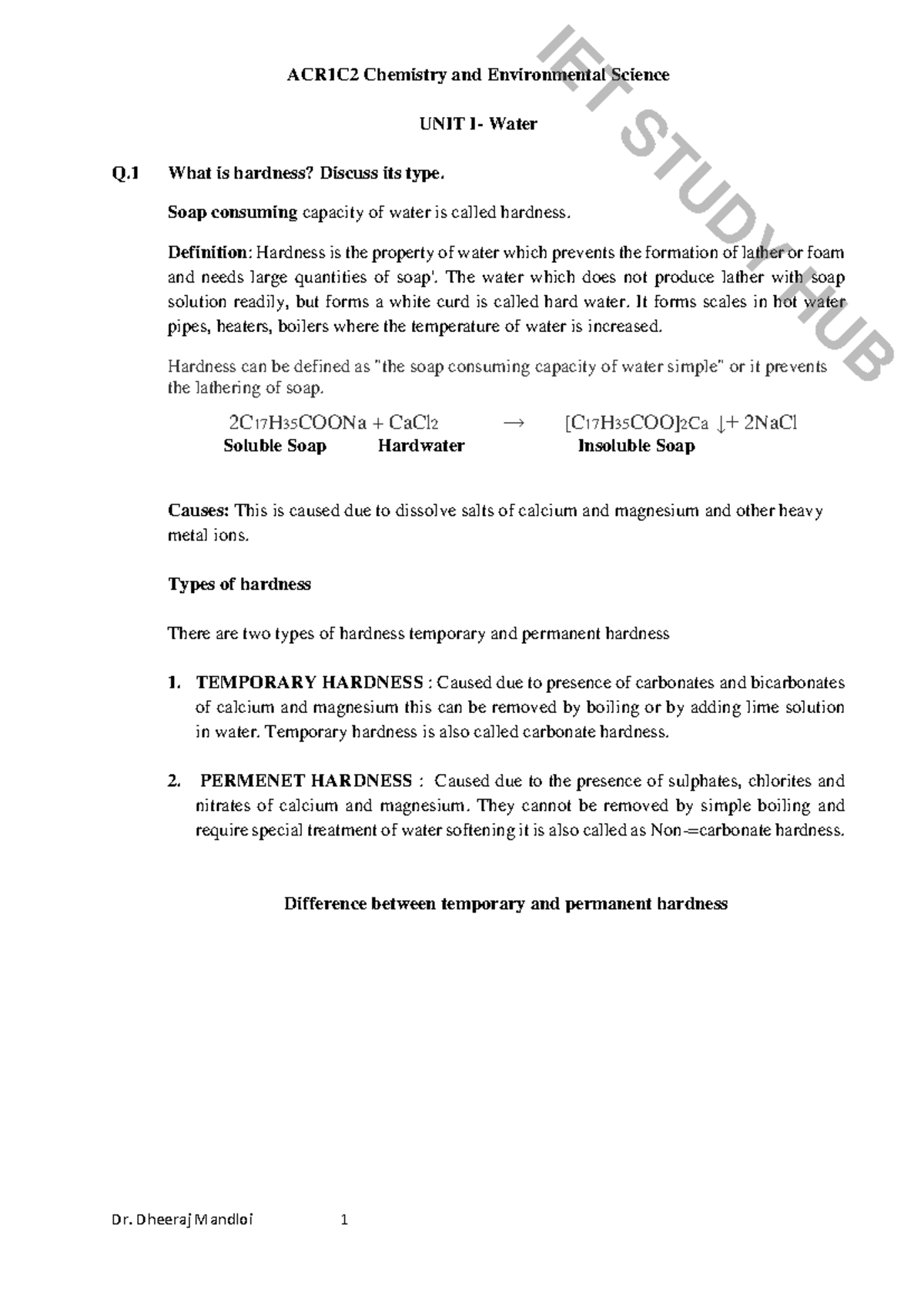Unit1 - notes notes - ACR1C2 Chemistry and Environmental Science UNIT I ...