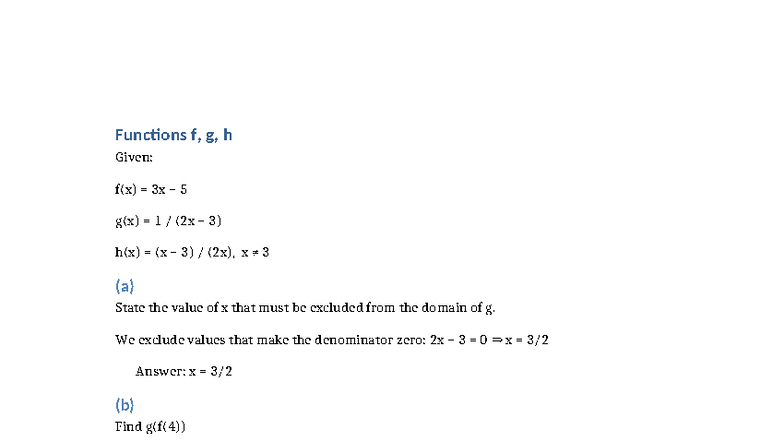Functions f, g, h: Domain Exclusions & Inverses - MATH 101 - Studocu