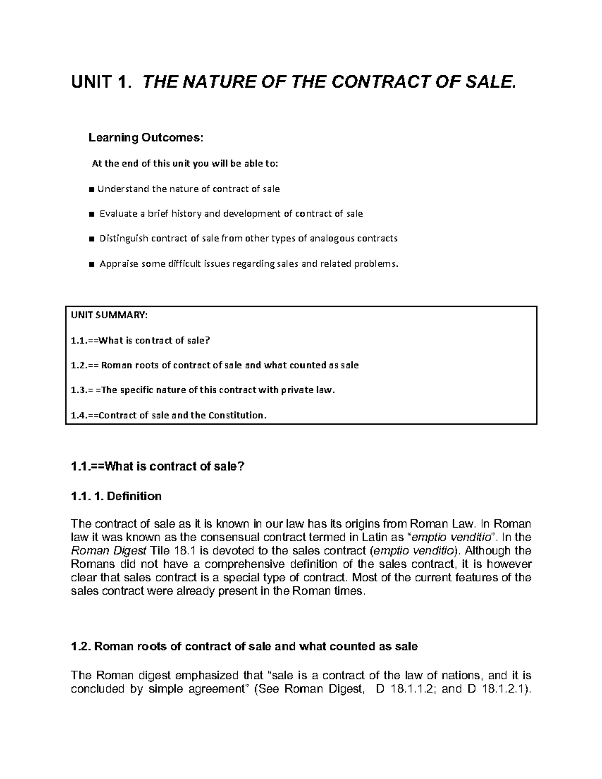 Unit 1: Understanding the Nature of the Contract of Sale - Studocu
