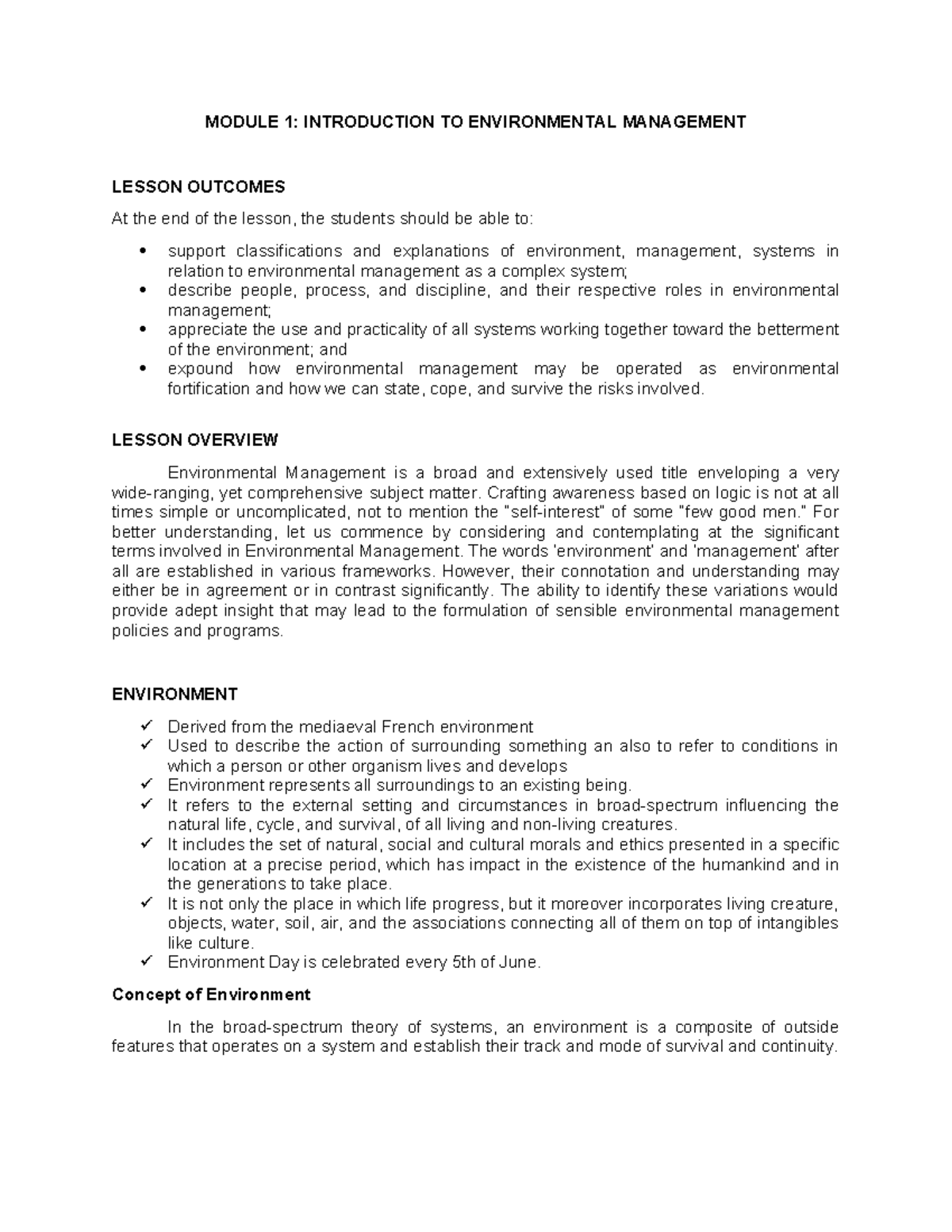 MODULE 1: ENVIRONMENTAL MANAGEMENT LESSON OVERVIEW AND OUTCOMES - Studocu