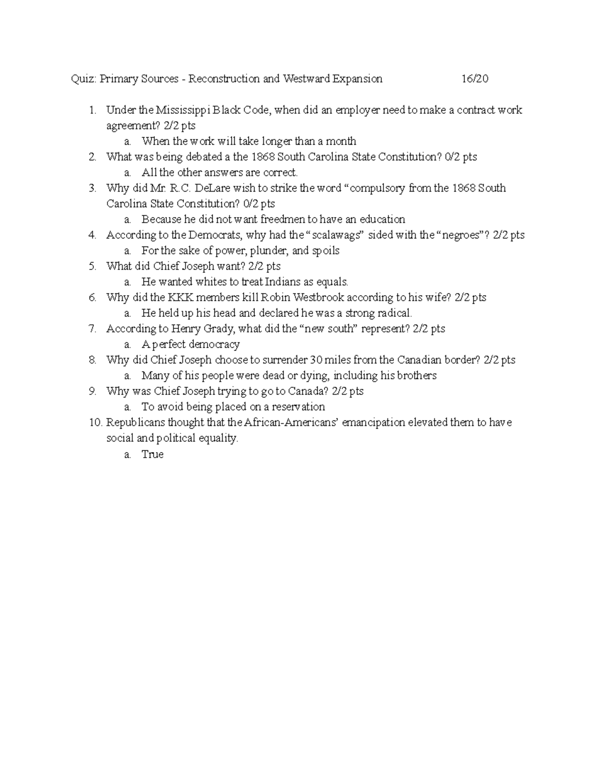 Quiz: Primary Sources on Reconstruction & Westward Expansion - Studocu