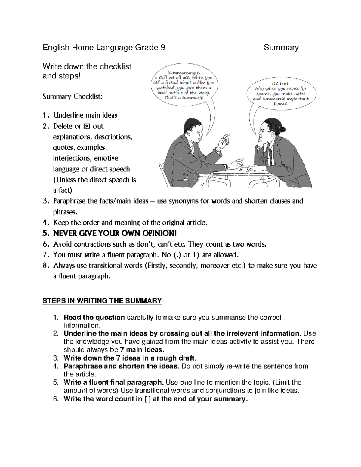 Grade 9 English HL Summary Writing Checklist and Guidelines - Studocu