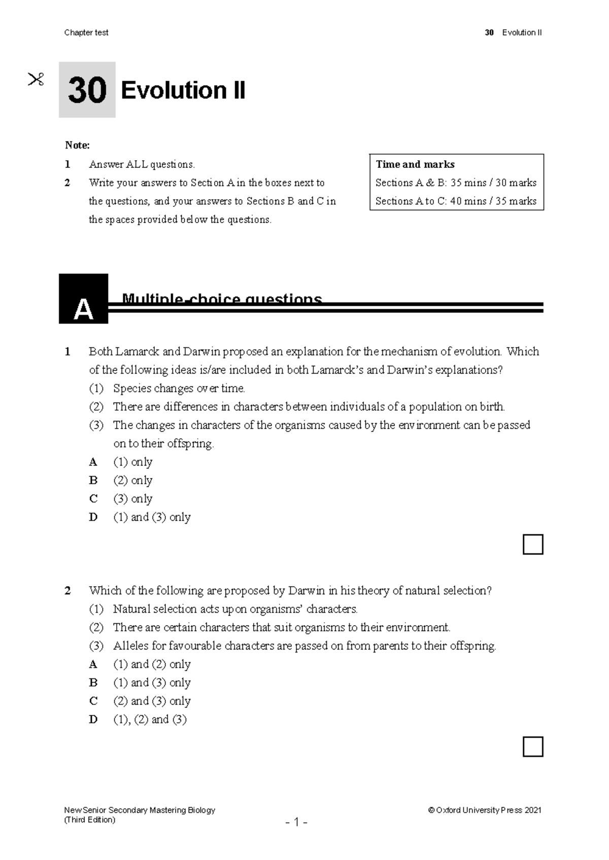 Chapter Test 30: Evolution II - New Senior Secondary Biology - Studocu