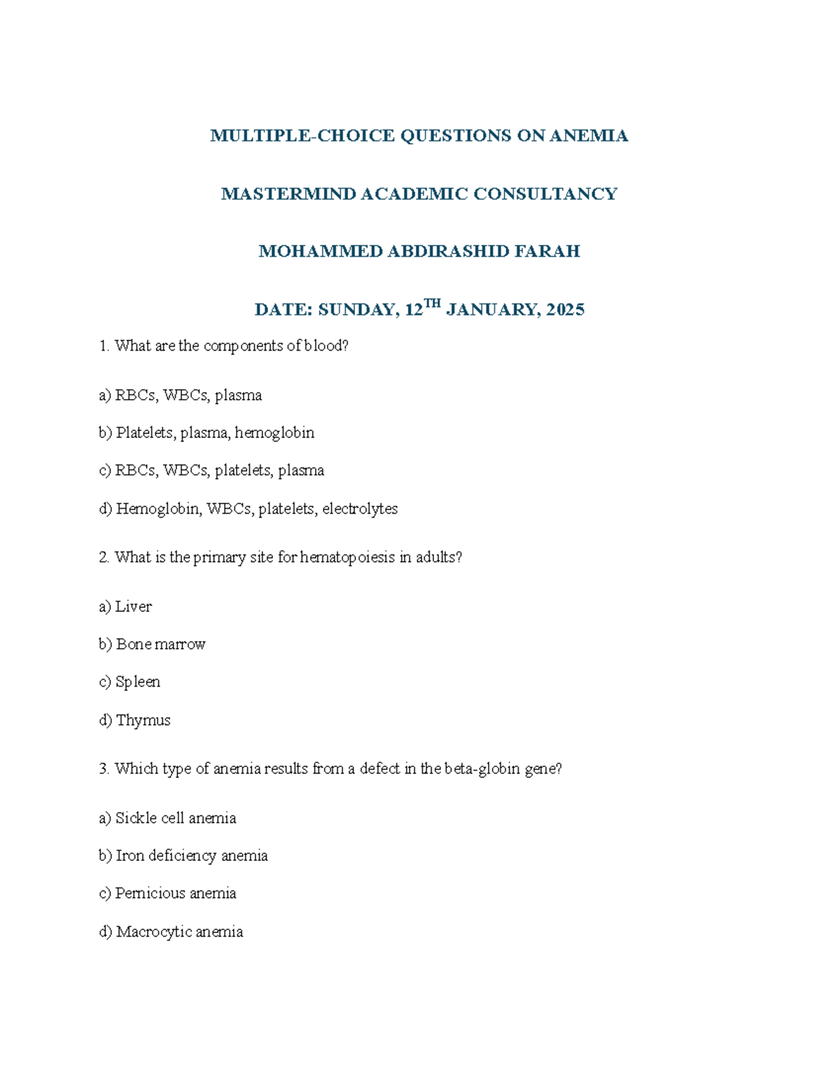 MCQs on Hematology: Anemia (Course Code: MCQ-HA) - Studocu