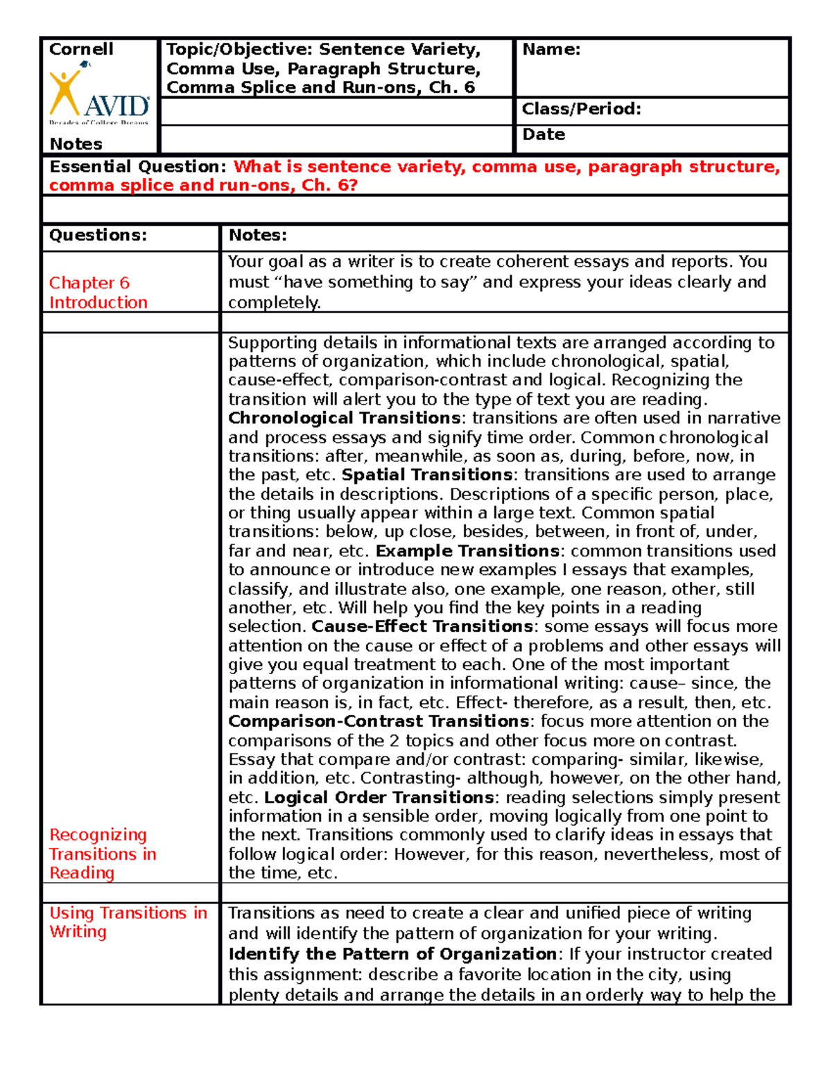 Cornell Notes ENGL 101: Sentence Variety & Comma Use (Ch. 6) - Studocu