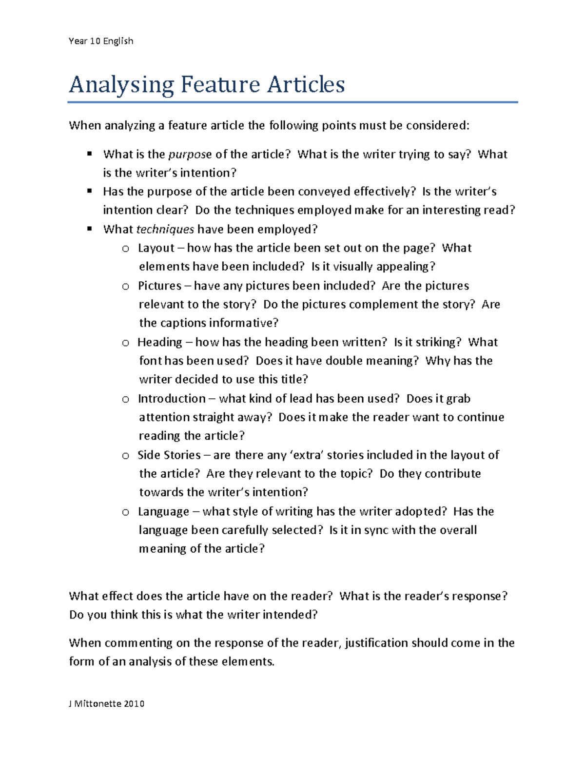 Year 10 English: Analyzing Feature Articles Guide - Studocu