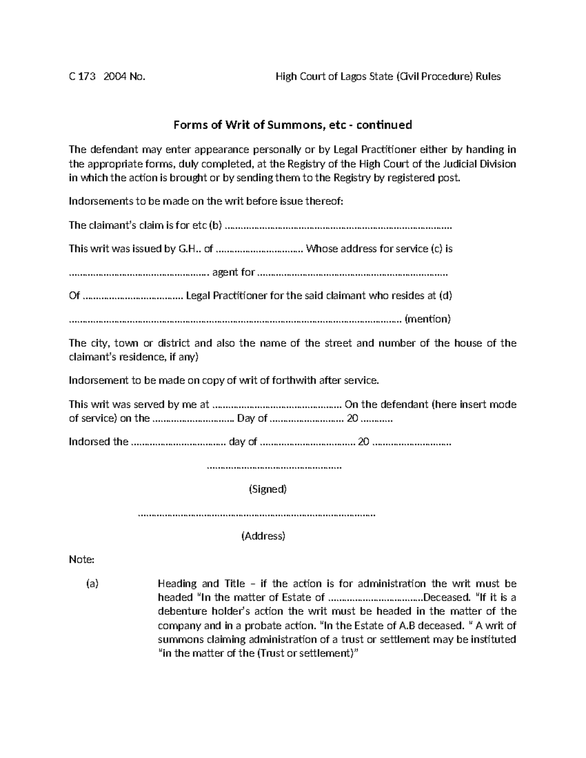 C 173 2004: Forms of Writ of Summons - High Court of Lagos State - Studocu