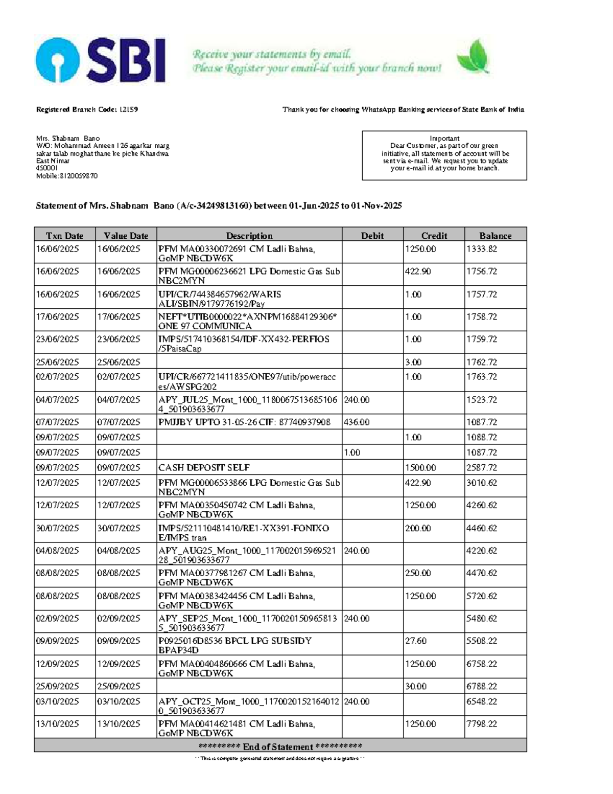 SBI WhatsApp Banking Statement for Mrs. Shabnam Bano - Studocu