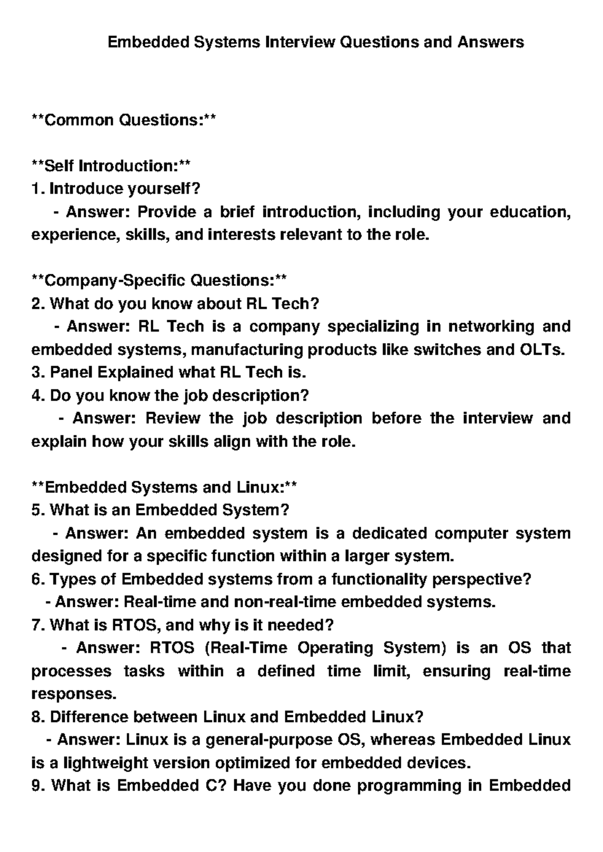 Embedded Systems Interview Questions & Answers (ES101) - Studocu