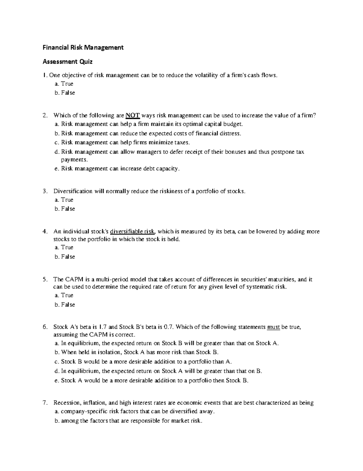 Quiz 1: Financial Risk Management Assessment Questions - Studocu