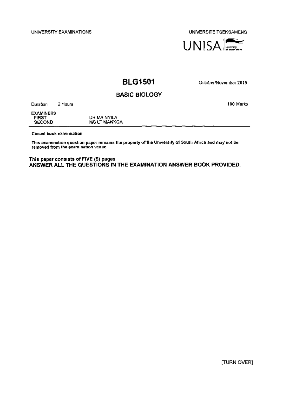 BLG1501 2015 Final Exam Paper: Basic Biology Questions - Studocu